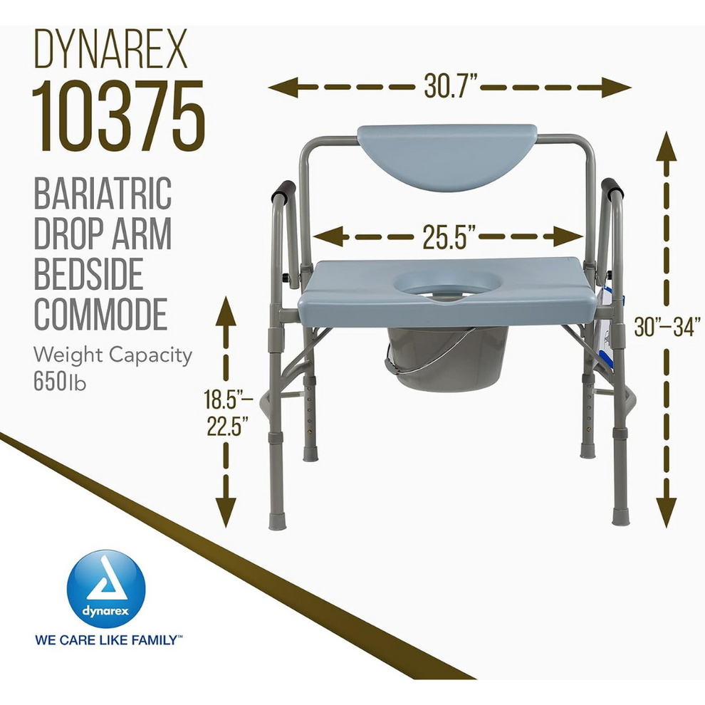 Dynarex Extra Wide Bariatric Drop Arm Bedside Commode - 1,000 lb Cap ...
