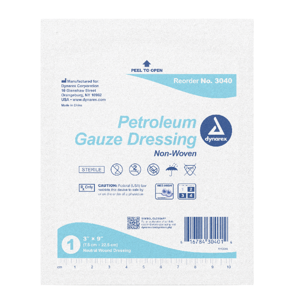 Dynarex Petroleum Gauze Dressings - Sterile, Non-Adherent & 3" x 9"