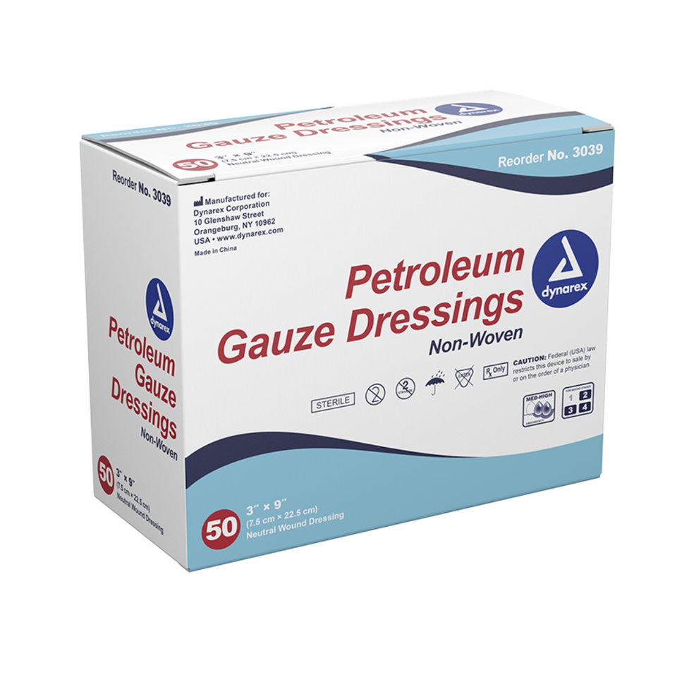 Dynarex Petroleum Gauze Dressings - Sterile, Non-Adherent & 3" x 9"
