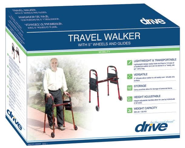 Drive Medical Portable Folding Travel Walker with 5 Wheels and Fold up