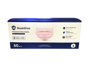 MaskWise Pink Disposable Protective 3Ply Face Masks - Box of 50