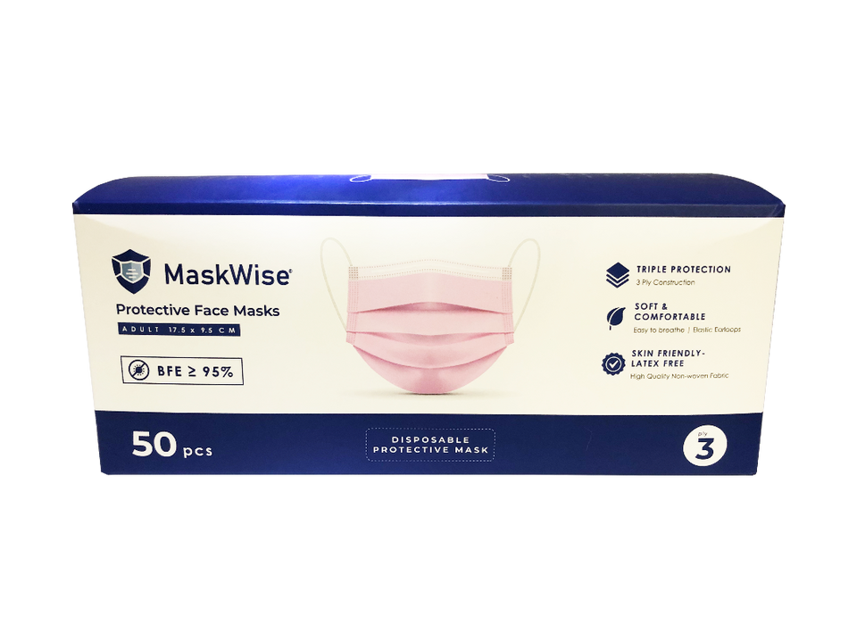MaskWise Pink Disposable Protective 3Ply Face Masks - Box of 50